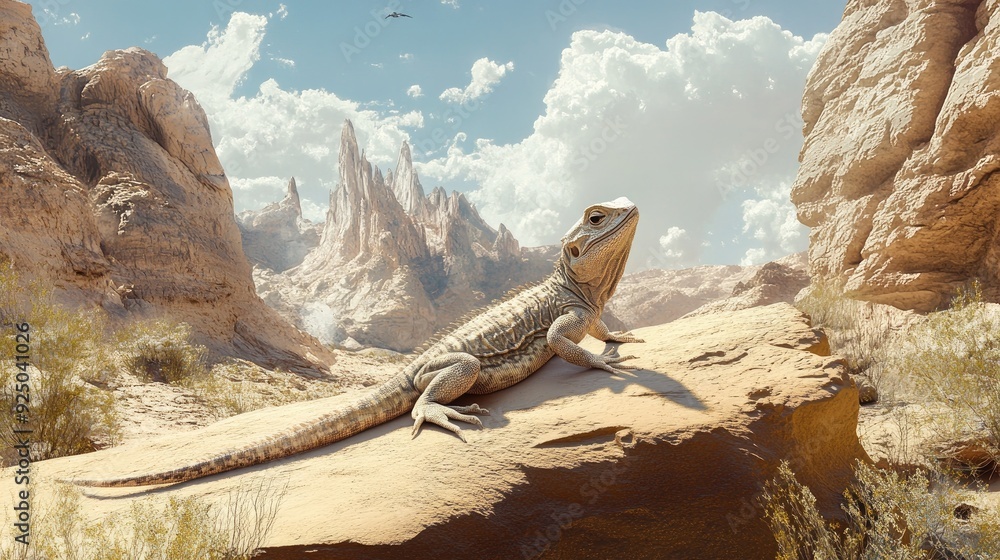 A desert landscape with a lizard sunbathing on a rock, its body ...
