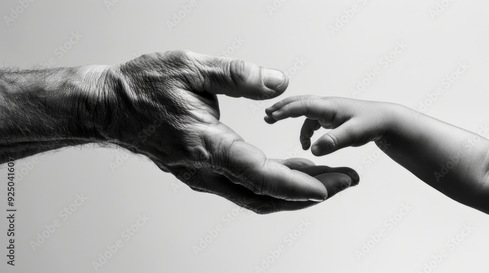 An elderly hand and a young child's hand reaching out to each other ...