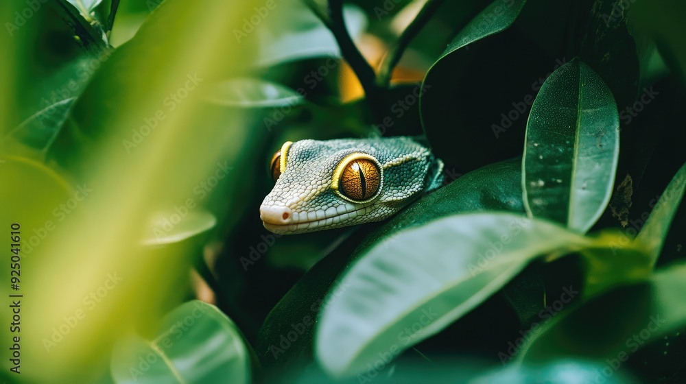 A gecko hiding among the leaves, its body blending seamlessly with the ...