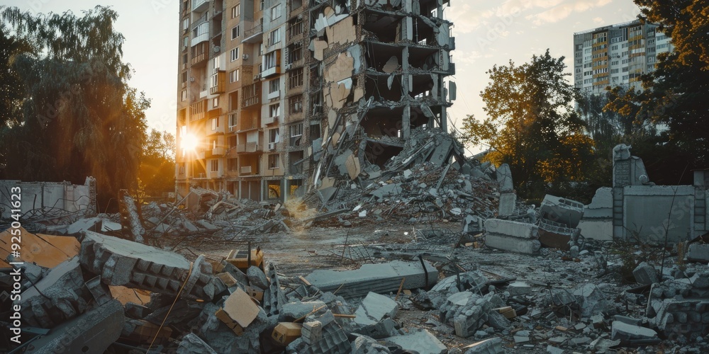 Ruined building aftermath demolished residential structure debris ...