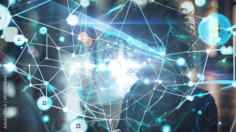 Navigating the Digital Matrix: A lone figure in a bustling urban ...