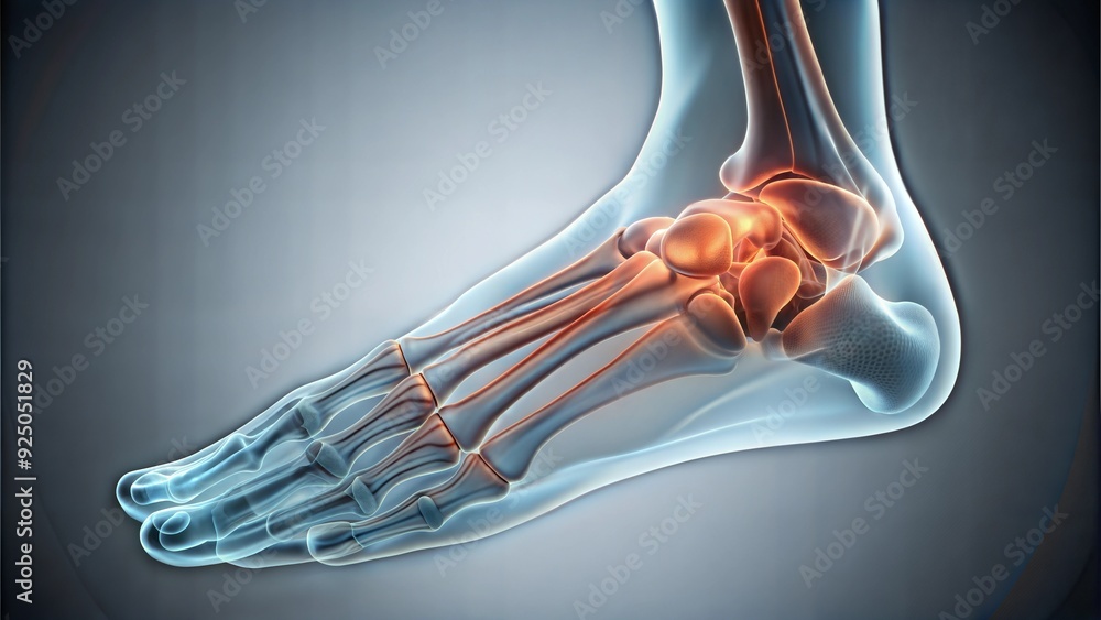 A high-resolution x-ray of a human foot, revealing the bones and joints, with a light grey ...
