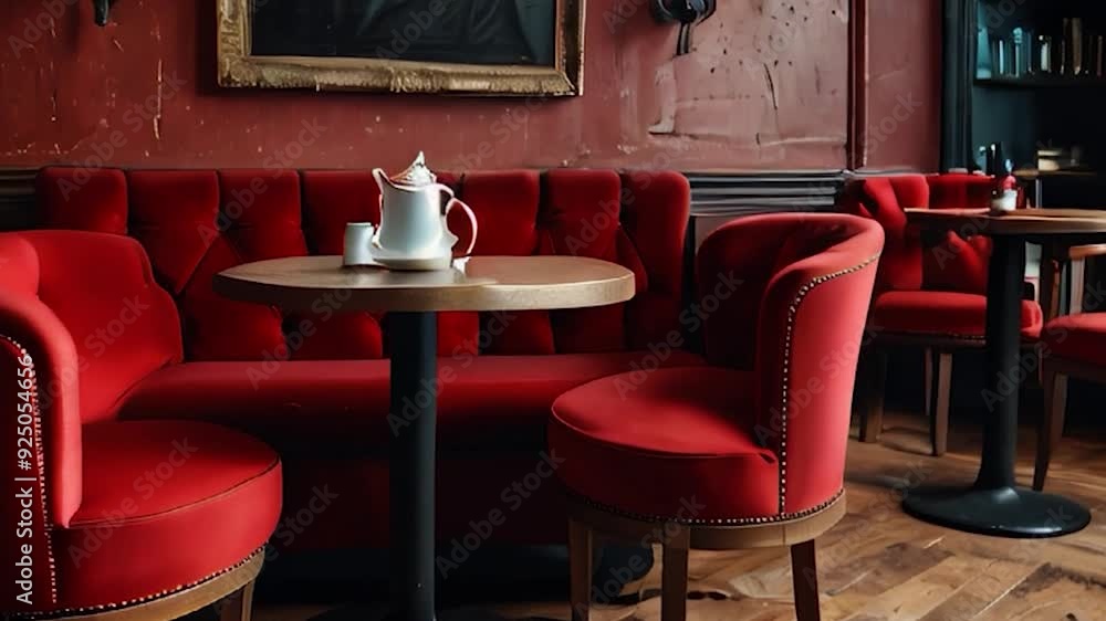 Vintage cafe interior with red velvet seating and a teapot on a table ...