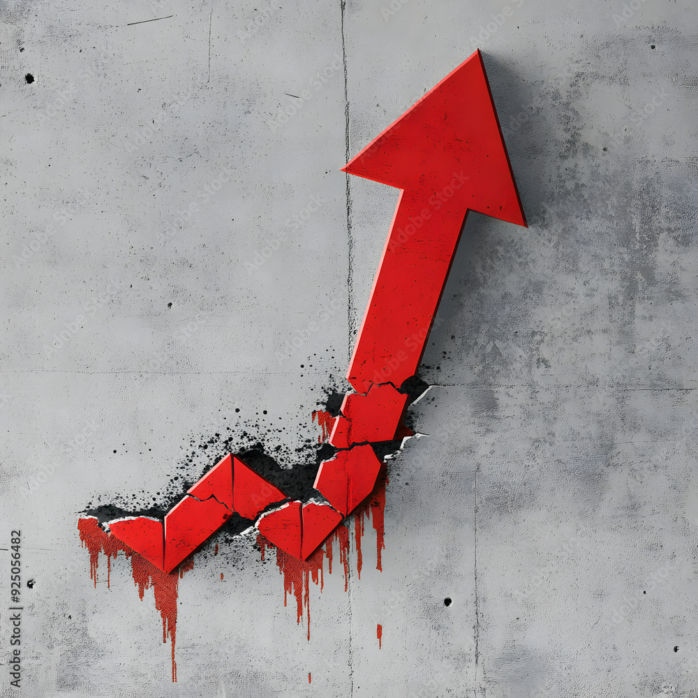 Red arrow pointing upward, breaking through concrete and splattered ...