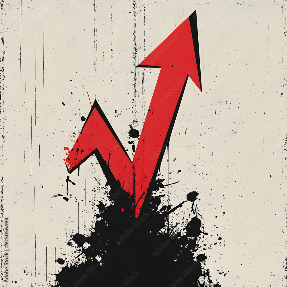 Red arrow pointing upward, breaking through concrete and splattered ...