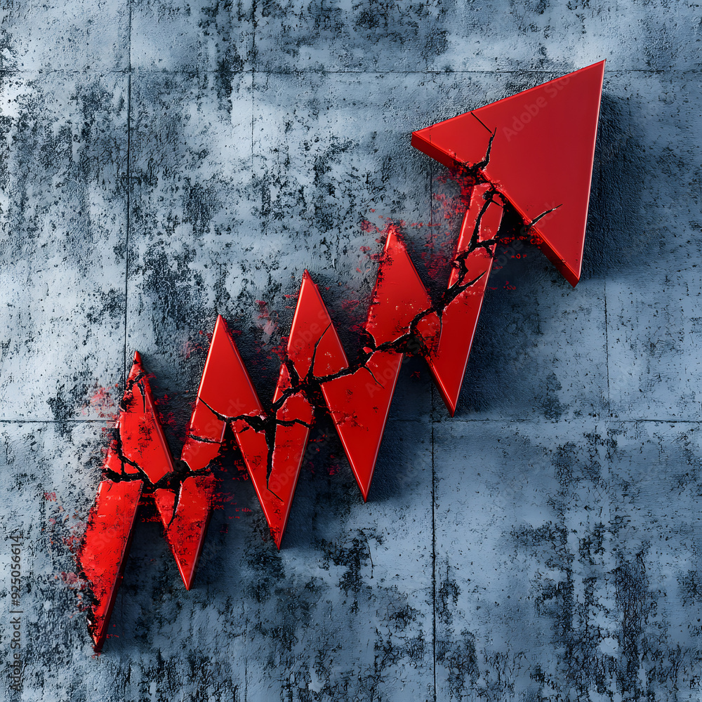 Red arrow pointing upward, breaking through concrete and splattered ...