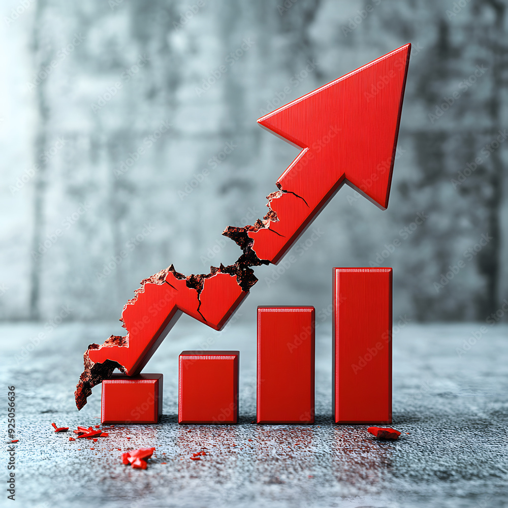 Red arrow pointing upward, breaking through concrete and splattered ...