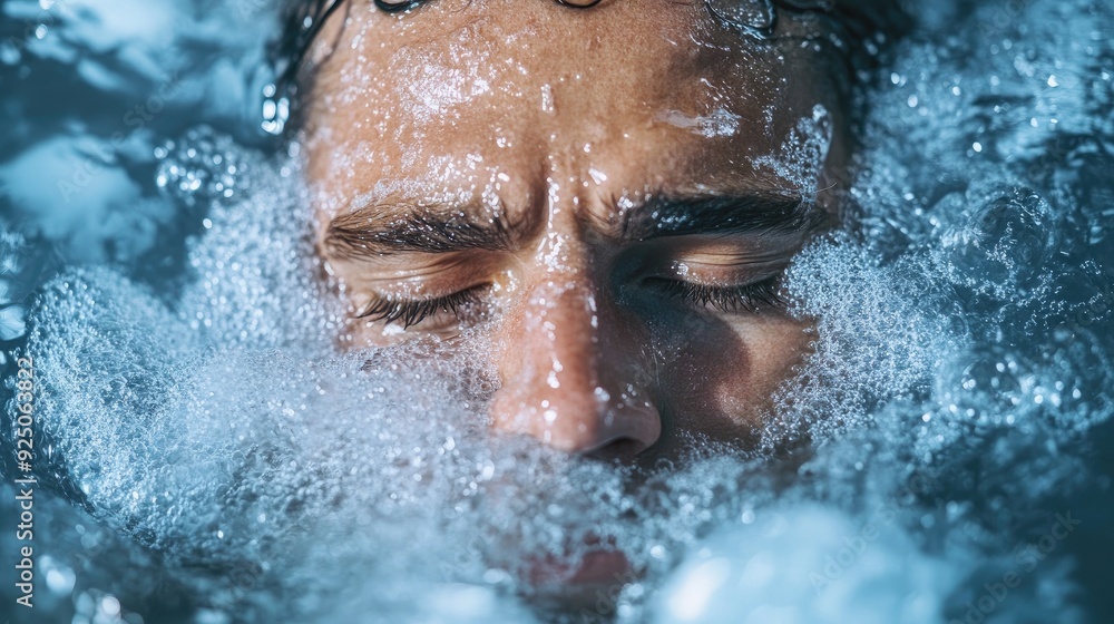 Close-up of a male athlete immersing in a cold ice bath, his face ...