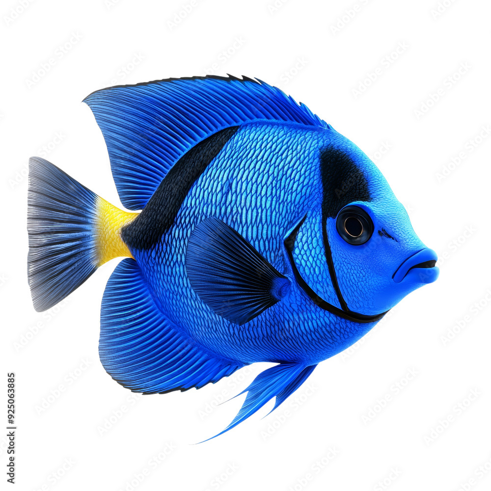 Bright blue tang fish with striking black markings isolated on ...