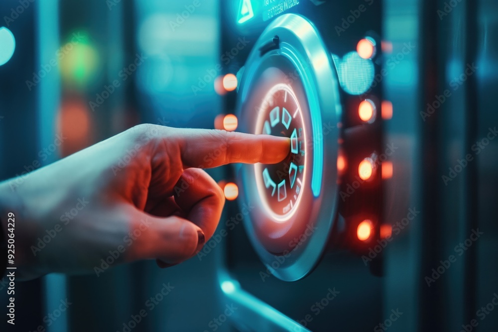 Finger pressing a digital control panel with glowing icons in a ...