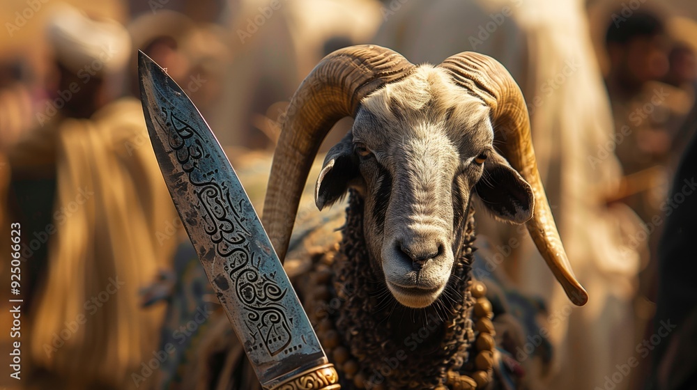 Close-up of a decorated sacrificial ram with large curved horns and an ...