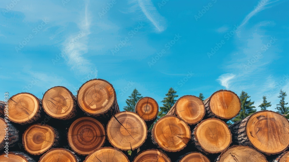 Pile of freshly cut timber logs stacked under a bright blue sky with ...
