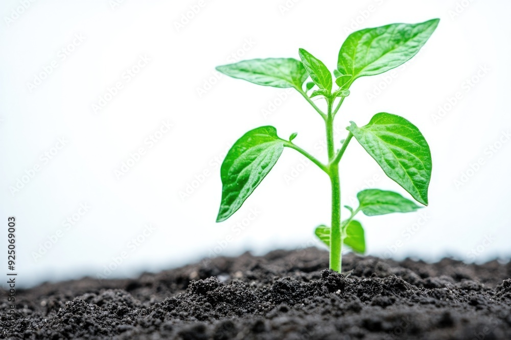 A single freshly sprouted green pepper plant growing in a patch of rich ...