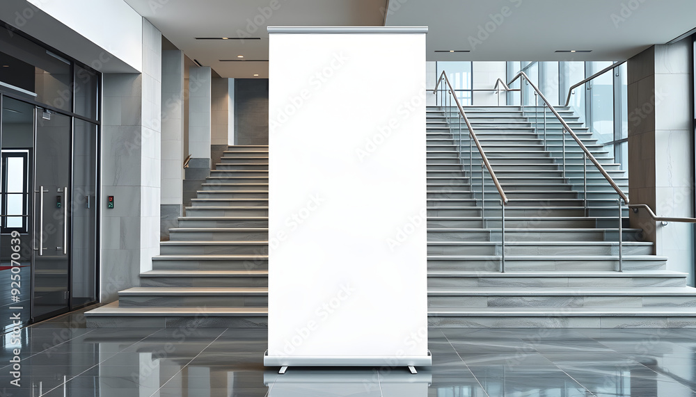 White roll-up banner template standing in lobby next to stairs. Blank ...