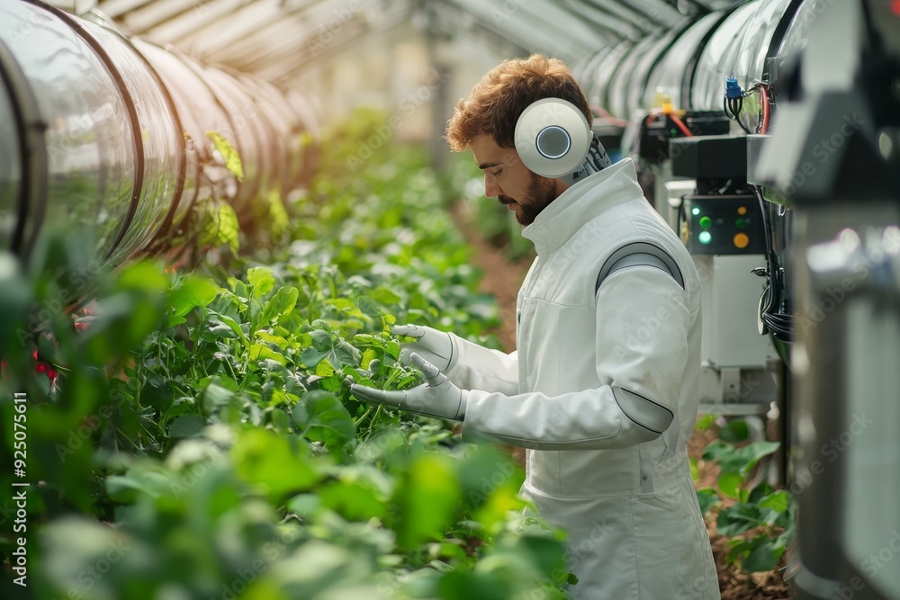 A humanoid robot and a human farmer working together in a smart farm ...