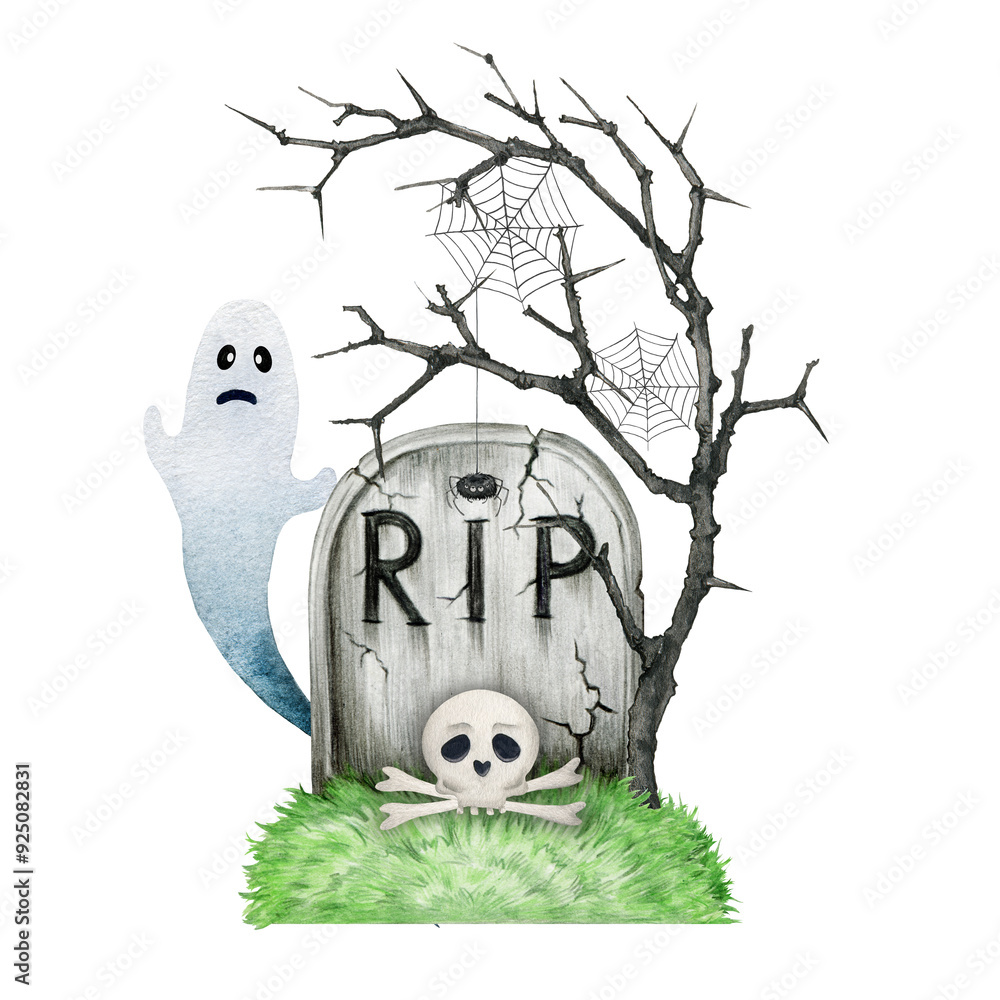 Old stone grave with scull, bones, dry growing tree, spider web, scary ghost painted ...