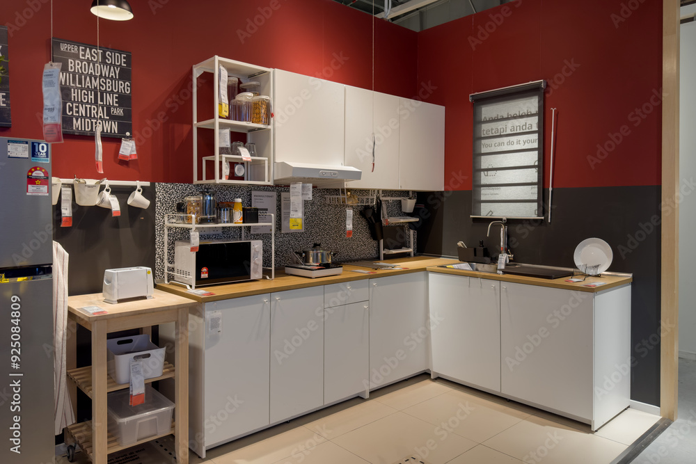 PENANG, MALAYSIA - AUG 14, 2024: IKEA new red theme kitchen cabinet ...