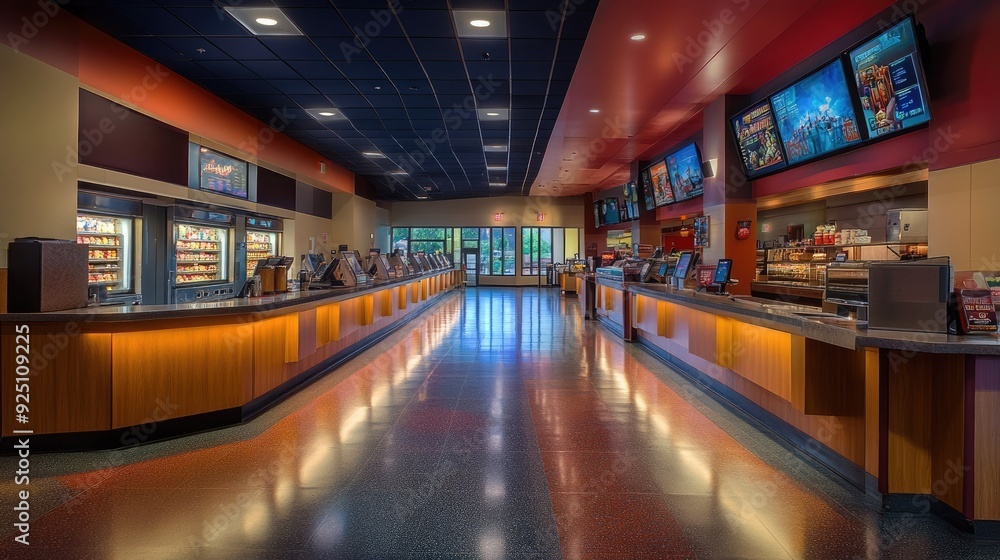Movie theater lobby without people, showing clean counters and ...