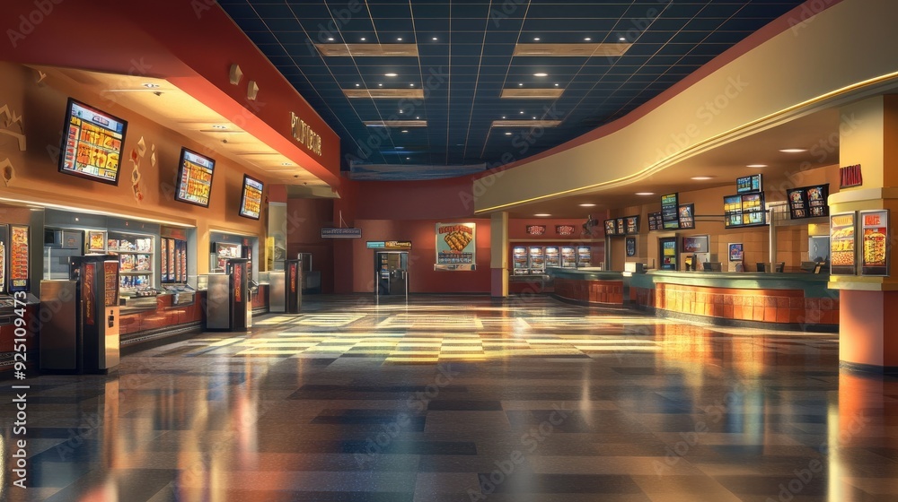 Movie theater with a clean, empty lobby area, concession stands, and ...