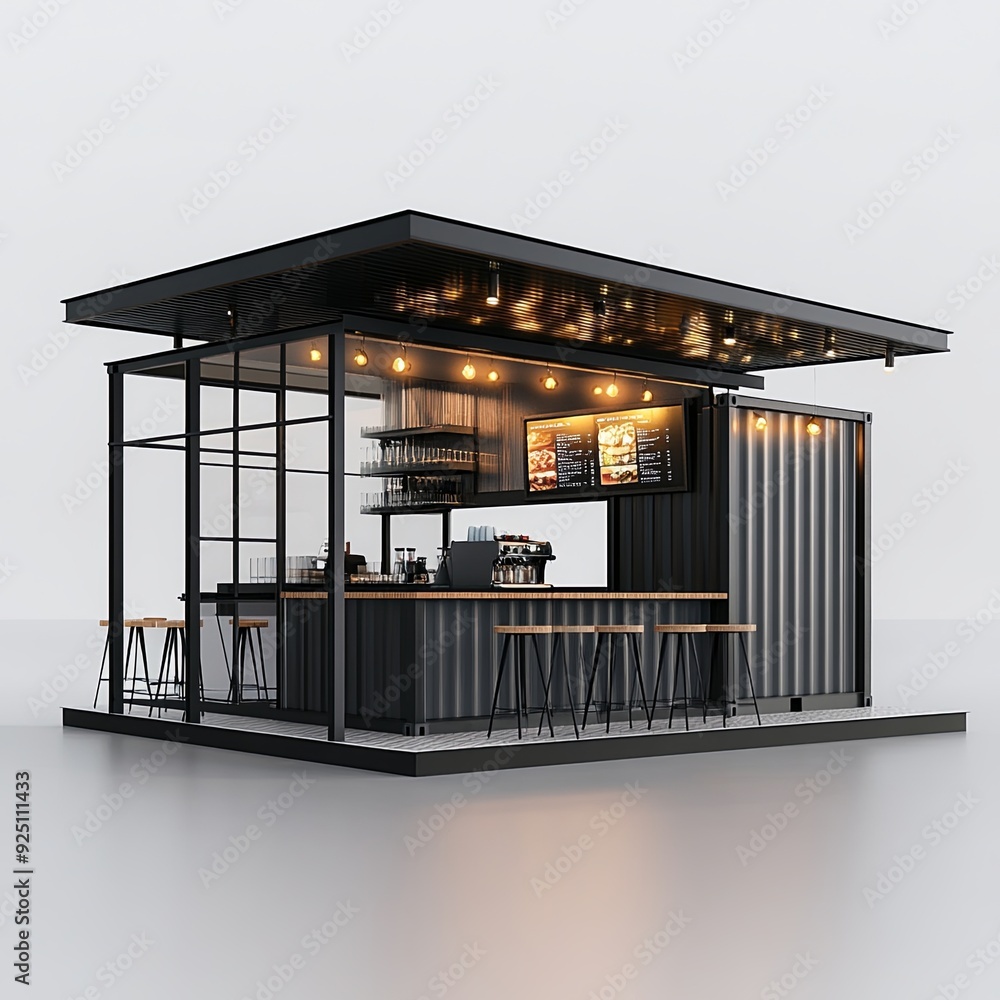 8k 3d rendering illustration container 40ft 40 feet of kiosk, cafe, bar ...
