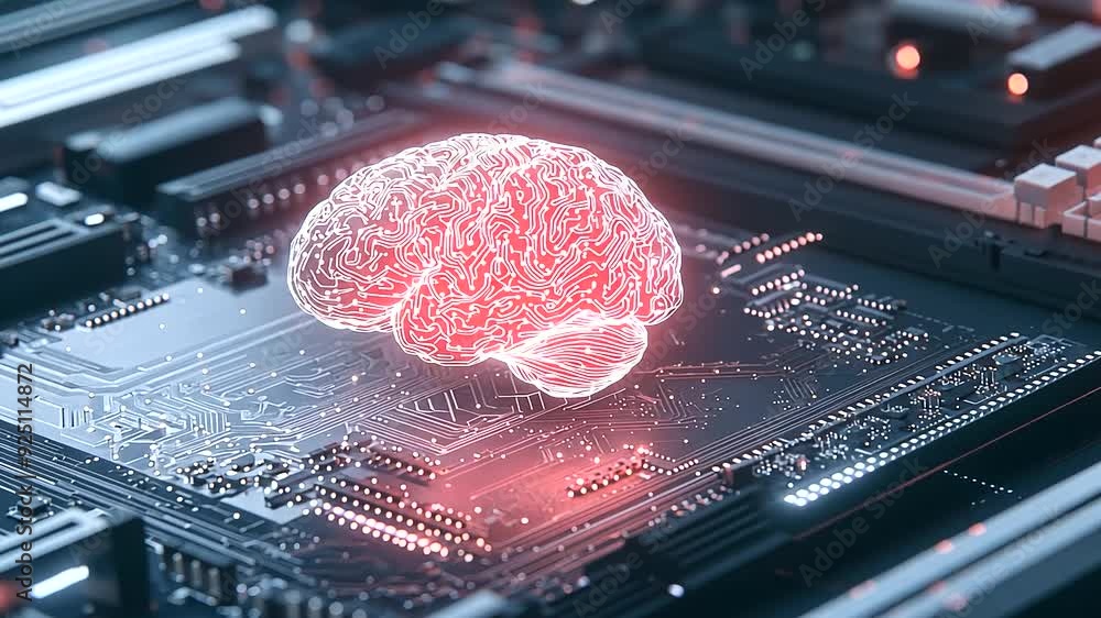 A digital 3D hologram of a human brain projected over a computer ...