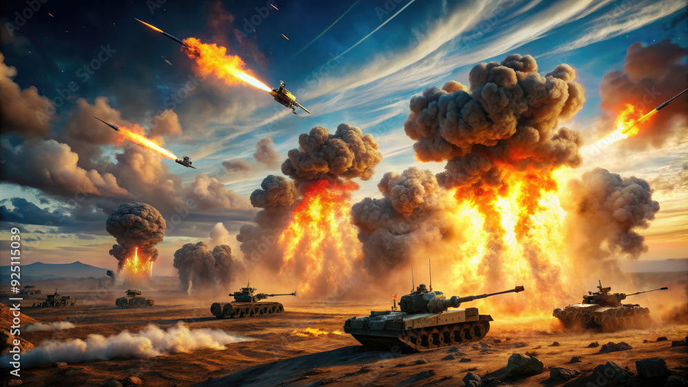 explosions on the battlefield, war, battle, fire, smoke, disaster ...