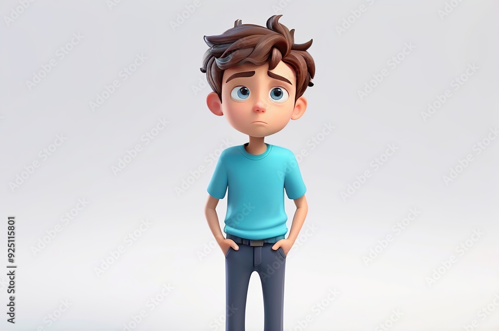 Sad depressed cartoon character teenage boy with a droopy face in 3D ...