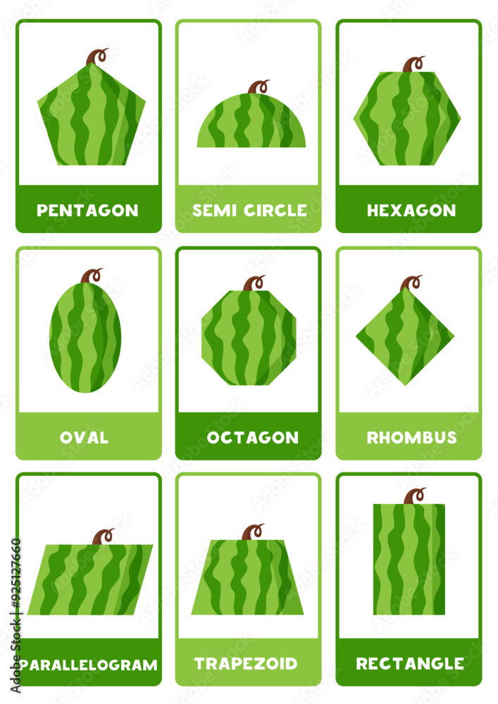 Cartoon watermelons in geometrical shapes. 2d shapes with names. Stock ...
