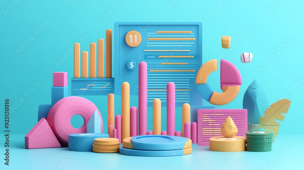 Colorful 3D charts and graphs create a vibrant display for visual data ...