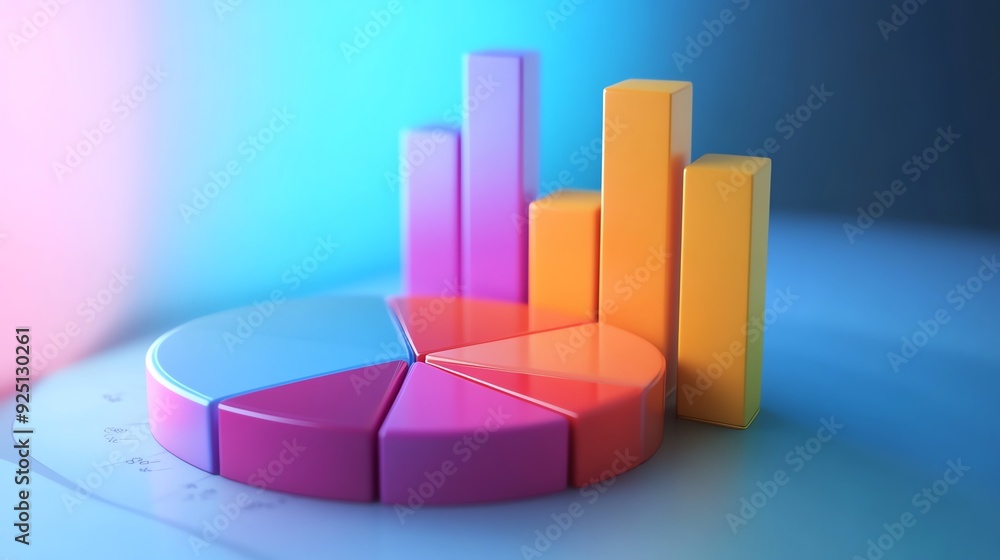 Vibrant 3D graph displaying colorful bar and pie charts, ideal for business presentations and ...