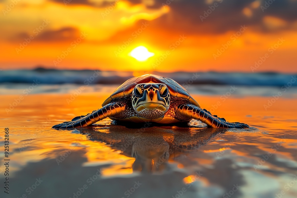 Sea turtle emerges from the ocean at sunset. The turtle looks directly ...