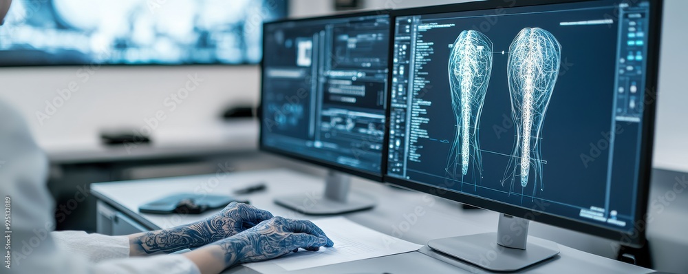 A researcher analyzing detailed anatomy scans on dual monitors ...