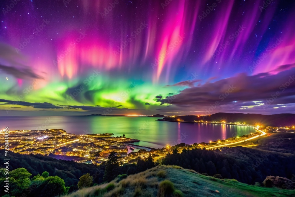 Vibrant purple, pink, and green aurora australis lights dance above ...