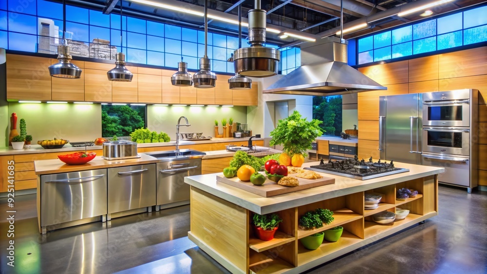 Vibrant studio kitchen set with a large island, professional cooking ...