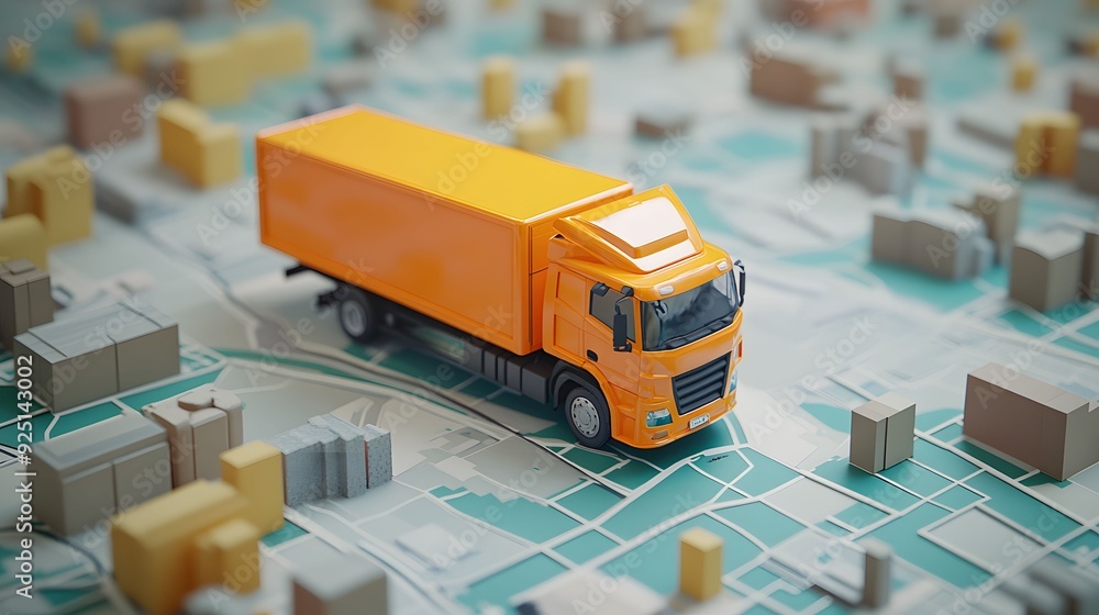 Foto de An orange delivery truck navigates through a 3D city map ...