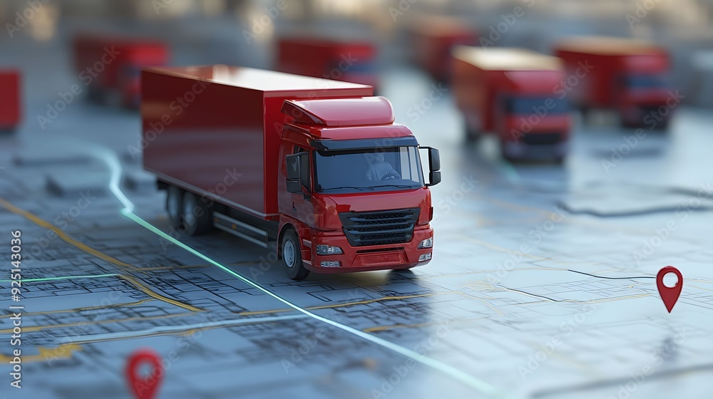 Red delivery trucks drive along a digital map, representing logistics ...