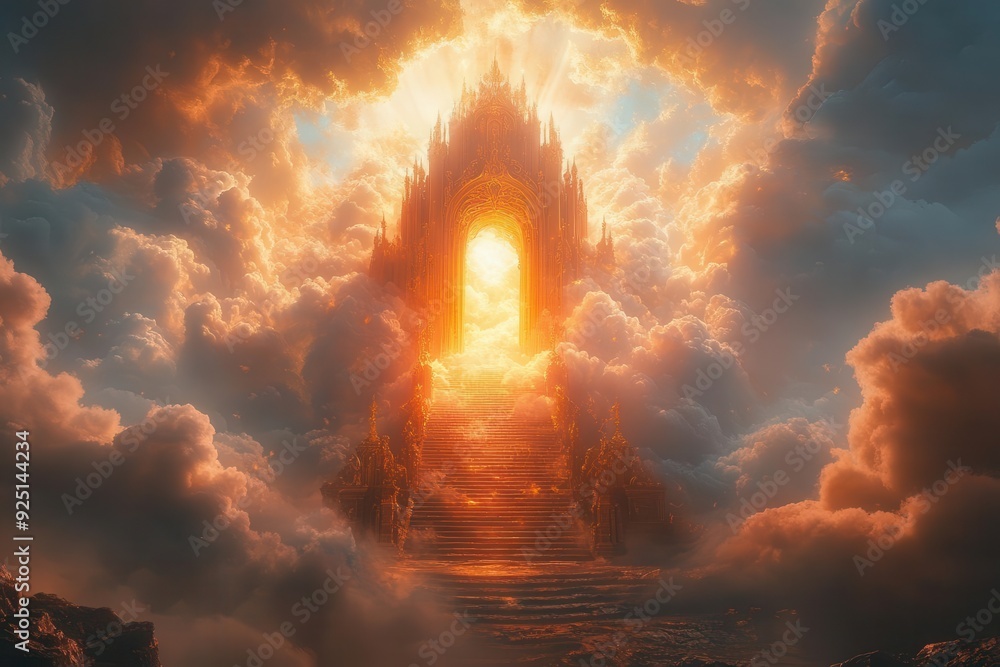 ethereal golden gates emerging from billowing clouds rays of divine ...