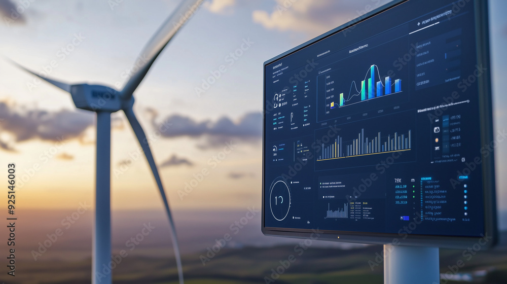 Digital screen displaying data analysis of a wind turbine, highlighting ...