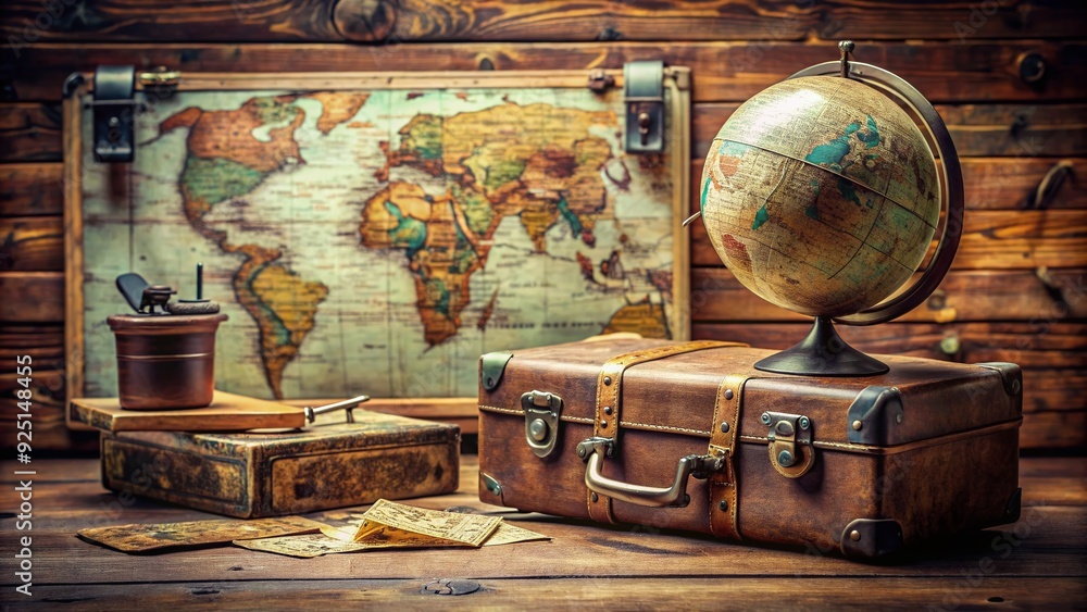 Vintage suitcase and globe on worn wooden table, surrounded by old maps ...