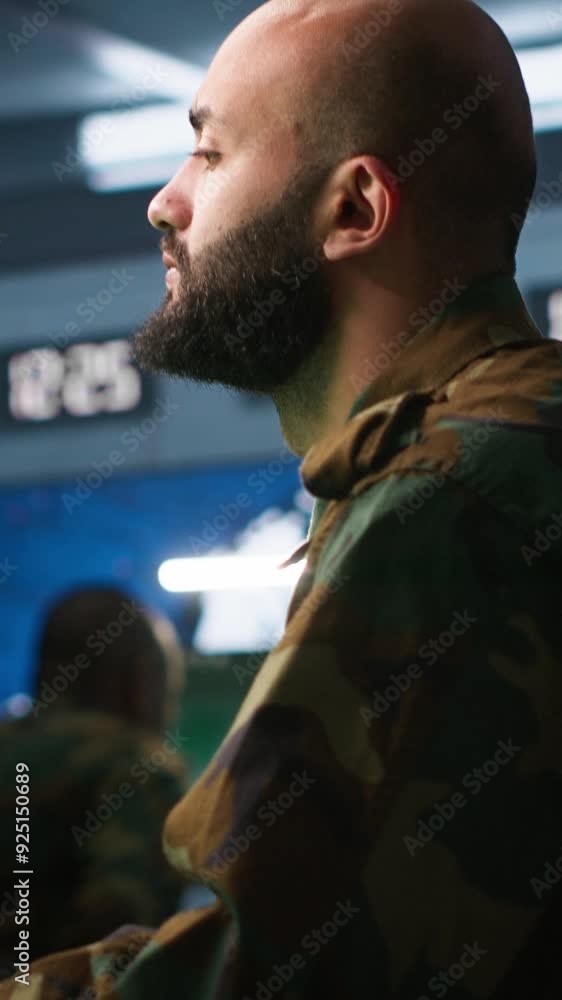 Vertical video Soldier doing tasks in military base, doing surveillance with digital radar ...