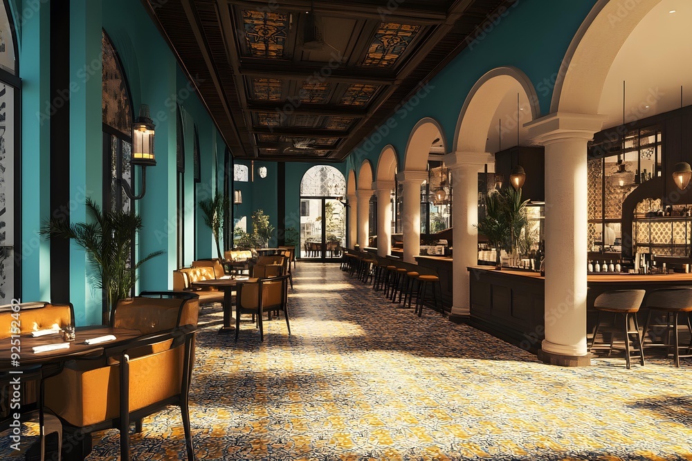 Luxury Restaurant Interior with Arched Columns and Tile Floor Stock ...
