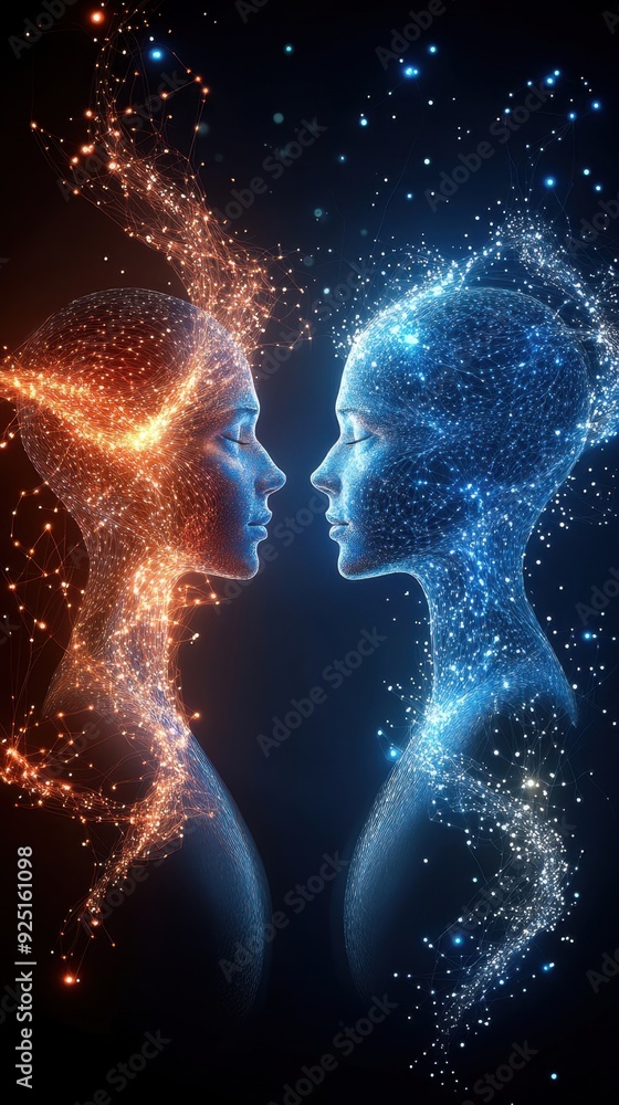Gemini as dual AI avatars, one in blue and one in red, connected by ...