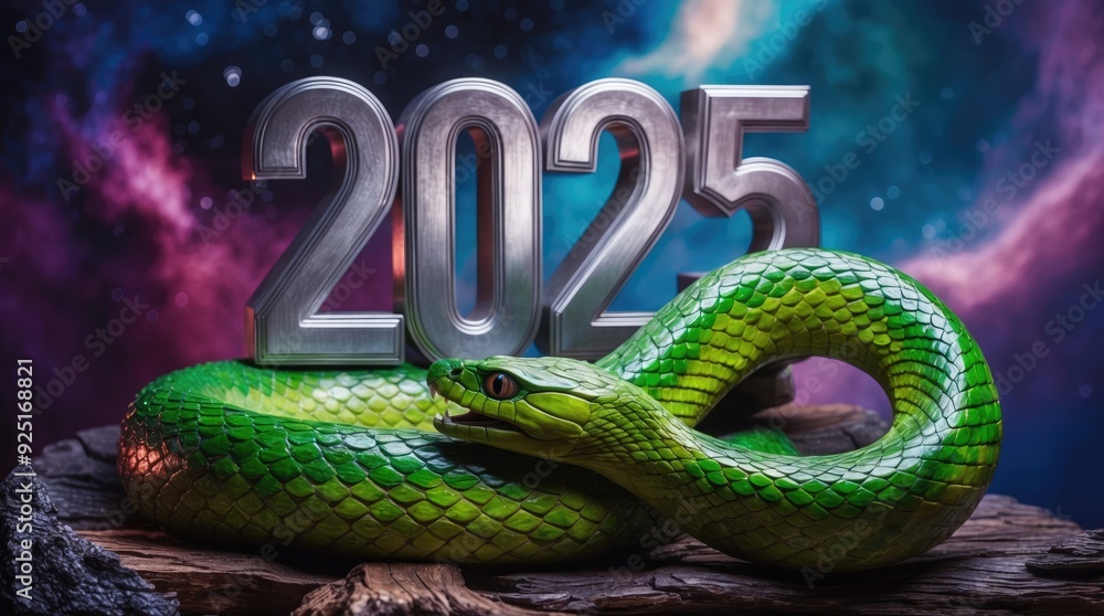 Green snake and gray metal inscription 2025, the snake as a symbol of ...