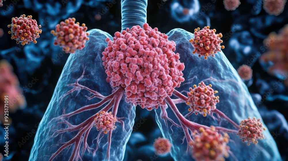 Cross-section of lung tissue with a growing tumor, cells multiplying ...