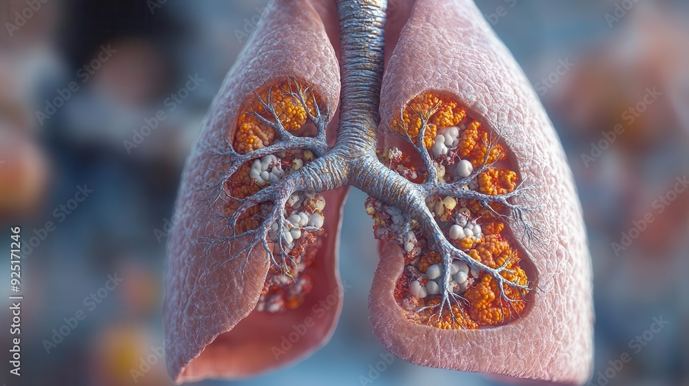 Detailed 3D rendering of a lung with emphysema damage, showcasing ...