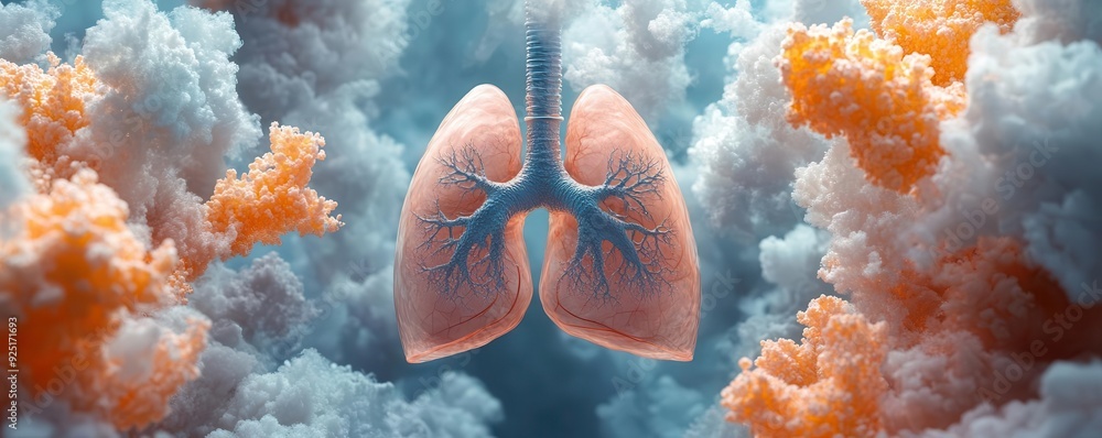 Lungs surrounded by swirling clouds of chemical pollutants, a metaphor ...