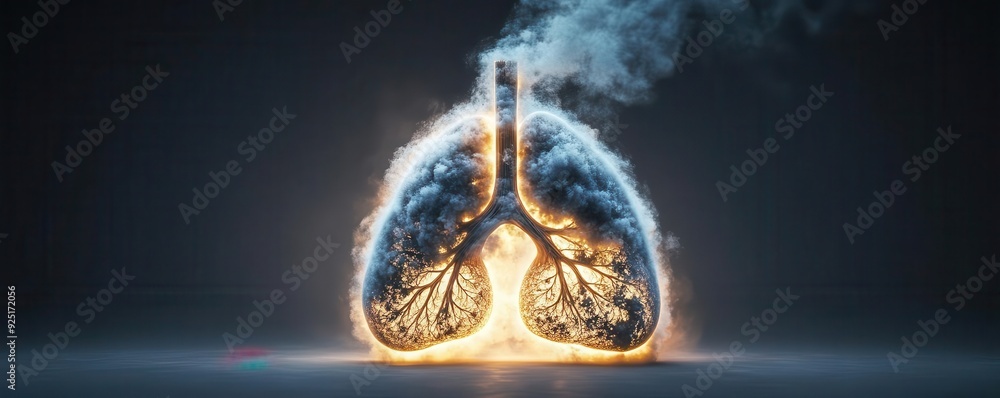 Surreal depiction of a lung dissolving into smoke and ash, symbolizing ...