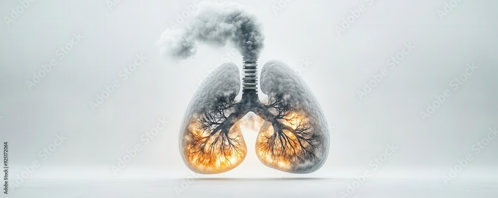 Surreal depiction of a lung dissolving into smoke and ash, symbolizing ...