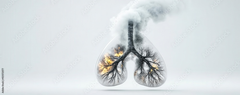 Surreal depiction of a lung dissolving into smoke and ash, symbolizing ...