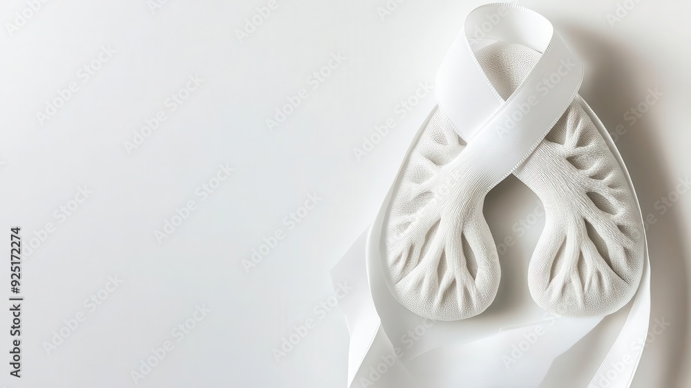 White ribbon intertwined with a stylized lung icon, minimalist design ...